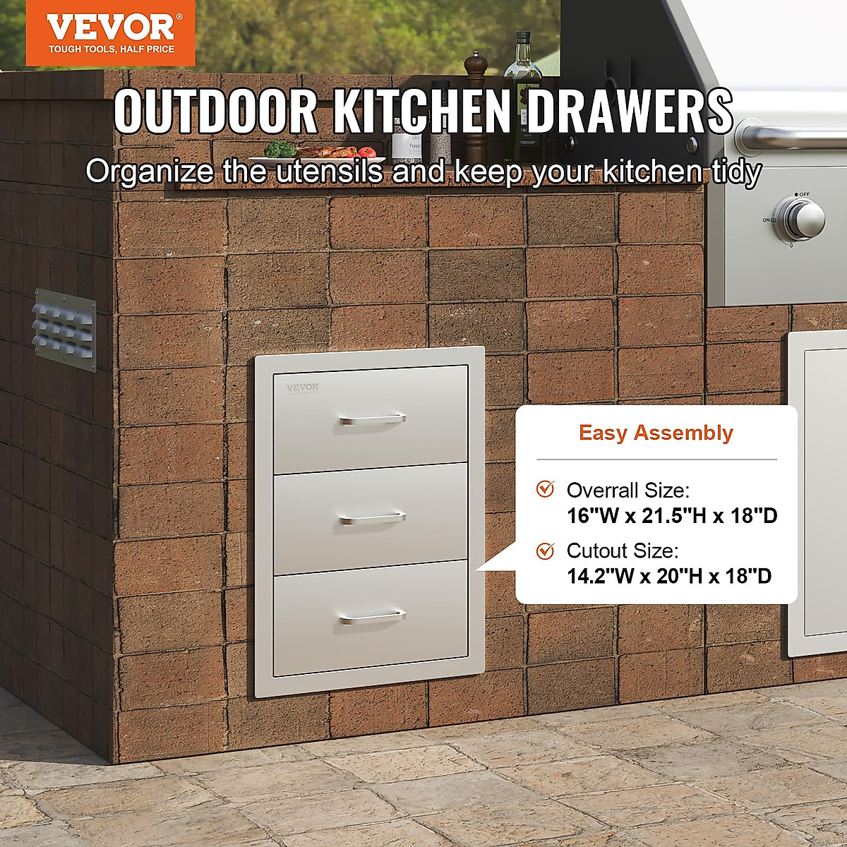 VEVOR Outdoor Kitchen Drawers 16" W x 21.5" H x 18" D, Flush Mount Triple Access BBQ Drawers with Stainless Steel Handle, BBQ Island for Outdoor Kitchens or BBQ Island Patio Grill Station