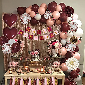Birthday Decorations for Women, Burgundy Party Decorations with Rose Gold White Balloons Happy Birthday Banner for Bachelorette Wedding Lady 30th 40th (For All)