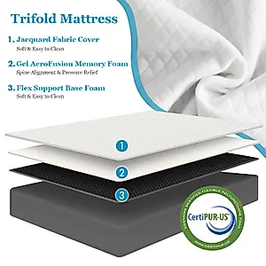wOod-it Folding Mattress, 4 inch Tri-Fold Memory Foam Mattress Topper for Camping, Foldable Guest Bed, Portable Travel Mat with Washable Cover, 80"×38"×4", White