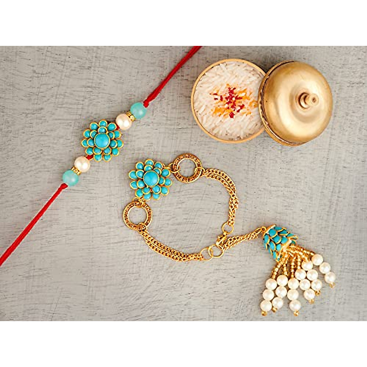 Rakhi For Brother and Bhabhi Traditional Flower Lumba Designer Fancy Bracelet on Rakshabandhan Traditional RKLM28 (Flower, Light Blue)