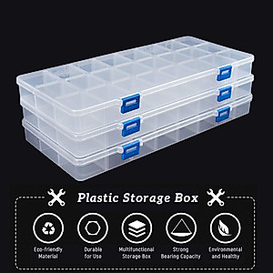 BENECREAT 3 Packs 24 Grids Large Transparent Plastic Storage Box Organizer with Adjustable Dividers for Beads, Jewelry and Other Craft Accessories - 12.8x6.2x1.2 Inches