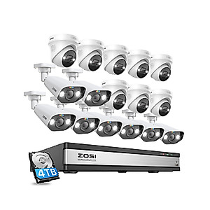 ZOSI 4K 16CH Spotlight PoE Security Camera System with 4TB HDD,Person Vehicle Detection,H.265+ 16Channel 8MP NVR,16pcs 4K PoE IP Cameras Outdoor,2 Way Audio,Sound and Light Alarm,for 24/7 Recording