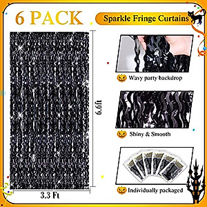 Jutom 6 Pieces 3.3 x 6.6 ft Wavy Tinsel Foil Fringe Curtains Foil Fringe Streamer Backdrop Party Curtain for Sea Mermaid Baby Shower Birthday Party Decoration(Black)