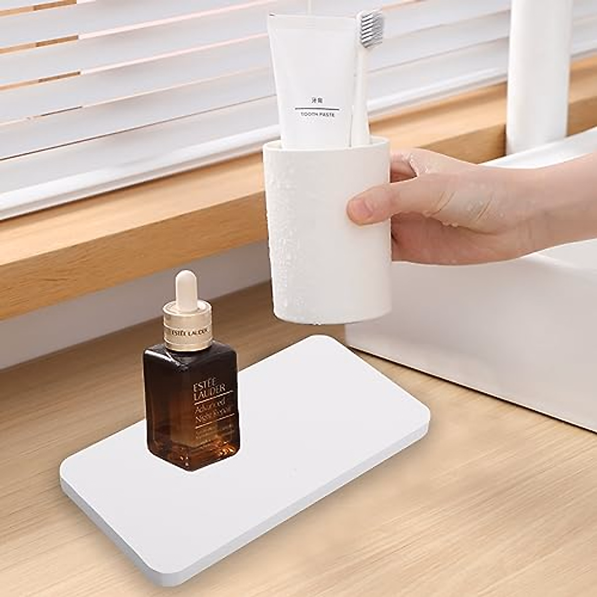 5PCS Water Absorbent Diatomite Coasters, Diatomaceous Earth Coaster Instant Dry Sink Organizer Water Absorbing Stone Tray for Sink, for Bathroom Kitchen Sink Countertop(White)