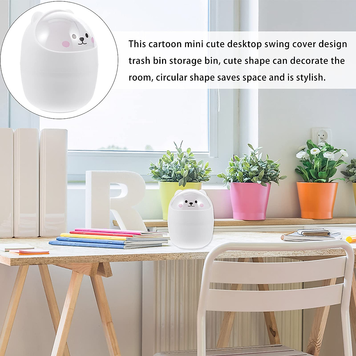 SENTOP Cute Desktop Trash Can, Kawaii Mini Trash Bin with Shake Lid, Garbage Storage Bucket for Desk Car Office Kitchen (White)