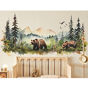 RAINBOW WSK Large Jungle Animals Wall Decals Forest Tree Wall Decal Peel and Stick Woodland Bear Fox Deer Wall Stickers Giant Mountain Wall Art for Bedroom Nursery Room FX-C432