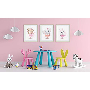 Framed Nursery Wall Art Animals Ballerinas for Girl Baby Room Wall Decor, 10"x12" Wood Frame, Set of 3