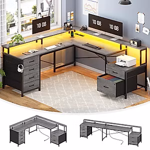 SEDETA L Shaped Desk with 6 Drawer, 108" Home Office Desk with File Drawer & Power Outlet, Corner Computer Desk with Monitor Shelf, Two Person Desk, Gaming Desk with Led Lights, Grey