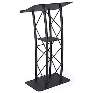 Displays2go Black Aluminum and Steel Truss Lectern with Curved Design and Built-in Shelf, 47-Inch Tall, Textured Finish (LCTTACBK)
