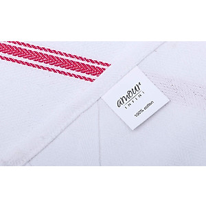 AMOUR INFINI Cotton Herringbone White Dish Towels Set of 12 - Highly Absorbent, Super Soft Tea Towel with Hanging Loops - Extra Large Quick Dry Bar Towel (16x28 Inch - Red)