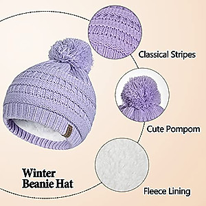 Kids Winter Beanie Hat Toddler Gloves Girls Infinity Scarf Youth Neck Warmer Warm Fleece Pom Cap Purple Thermal Knit Set 6-10 Years Old, Gorros Gorras Bufandas Para Niñas Niños, Gifts for Childrens