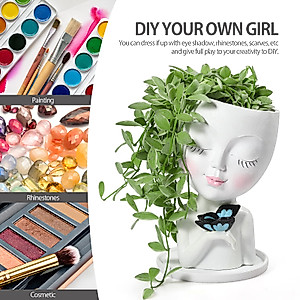 COWATM Face Planters Pots Head for Indoor Outdoor Planter Pot with Butterfly, Succulent Planter with Drainage Hole Cute Lady Face Flower Pots (White)