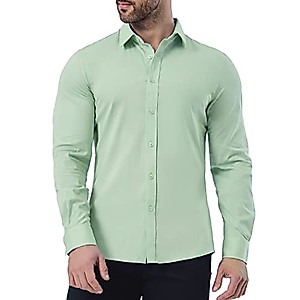 ZAFUL Men Long Sleeve Green Dress Shirt Stretch Wrinkle-Free Casual Slim Fit Button-Down Shirts Light Green XL