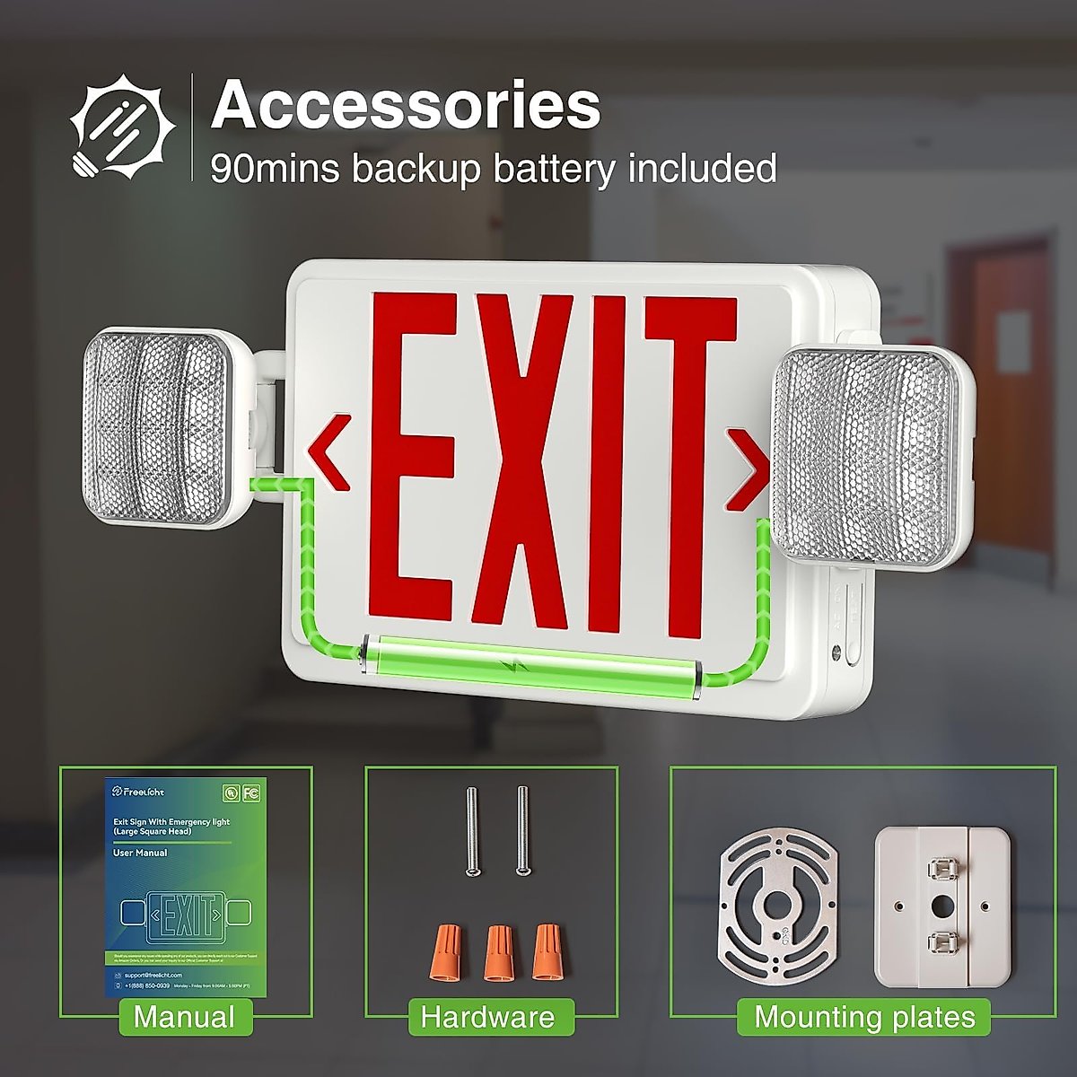 FREELICHT 2 Pack LED Exit Sign with Emergency Lights,Adjustable LED Emergency Exit Lights with Battery Backup,Exit Sign for Business,Easy To Install,UL Certified，AC 120/277V