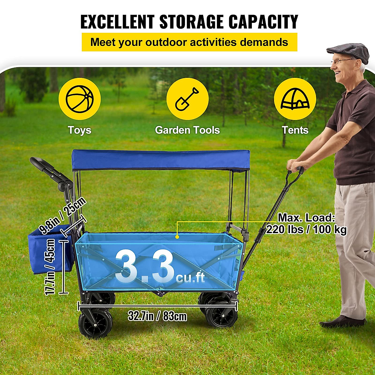 HAPPYBUY Extra Large Collapsible Garden Cart/Wagon with Removable Canopy, 220lbs Capacity Push& Pull Utility Cart with Rear Storage; Upgrad Padded Cotton 600D OxfortSecure Lock (40IN40IN20IN, Blue)