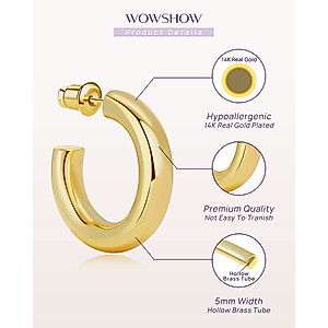 wowshow Chunky Gold Hoop Earrings, Small Gold Hoop Earrings for Women 14K Real Gold Plated 20mm Thick Open Hoops Lightweight