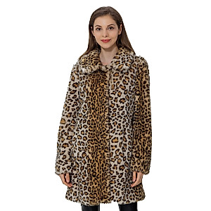 Bellivera Faux Fur Jacket Womens Leopard Coat Long Sleeve Winter Warm Fluffy Parka Overcoat Outwear Tops 18125 Leopard XXL