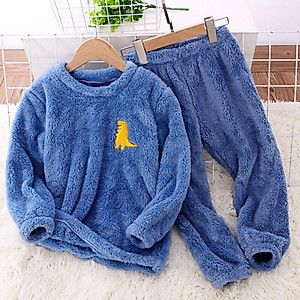 Toddler Boys Girls' Winter Warm 2 Piece Sleepwear Flannel Fleece Pajama Set Fleece Matching Tops Pants Set Outfits (2-Blue, 6-7 Years)
