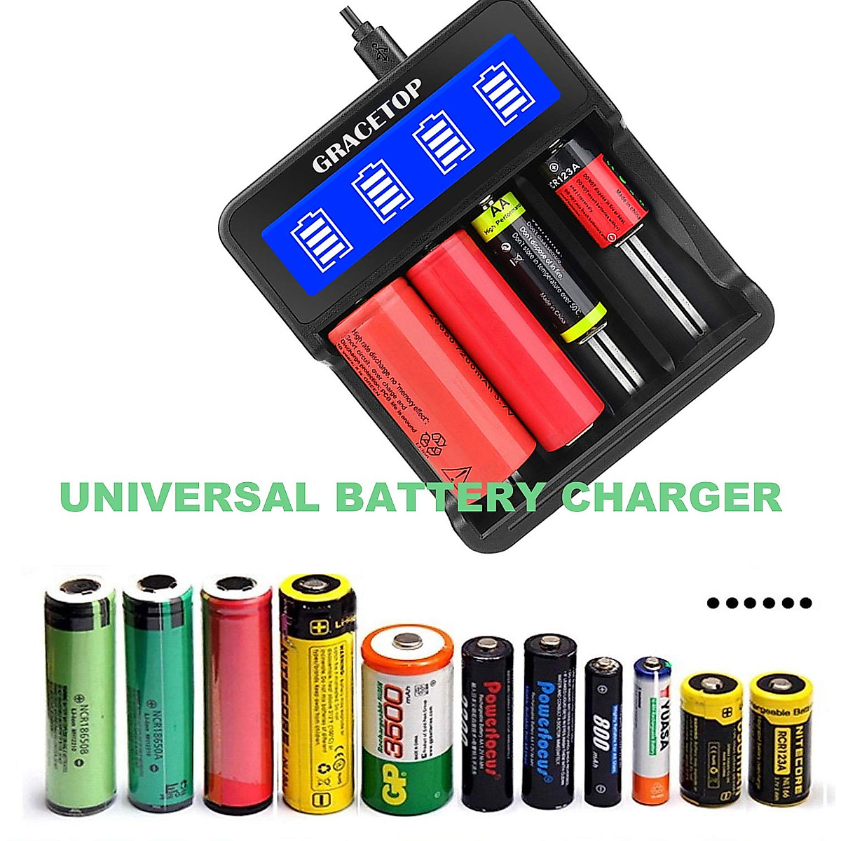 Battery Charger 4 Bay LCD Display for 3.7V/1.2V Rechargeable Battery for Li-ion Batteries