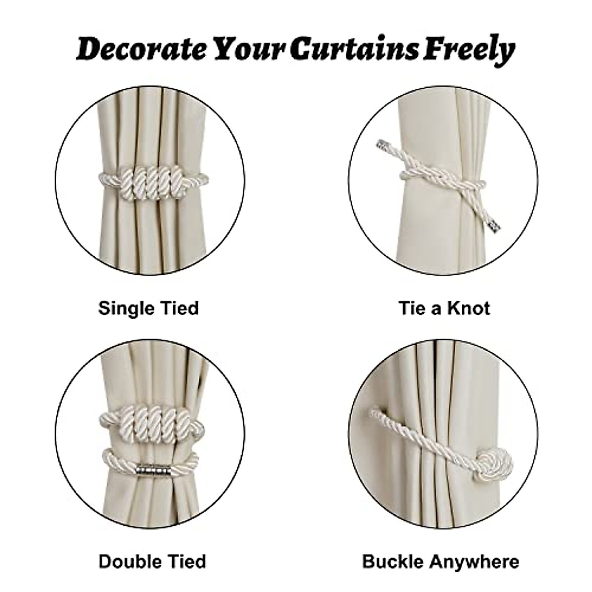 BEL AVENIR Magnetic Curtain Tiebacks, Decorative Drapery Holdbacks Modern Woven Tie-Backs with Exquisite Knot (Beige, 2 Pack)