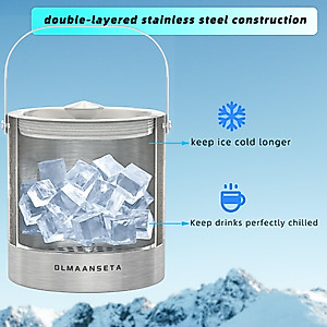 Olmaanseta Stainless Steel Ice Bucket For Parties With Lid And Ice Tongs,Insulated Wine Bucket With Strainer Keeps Drinks Cold And Ice Cube From Melting