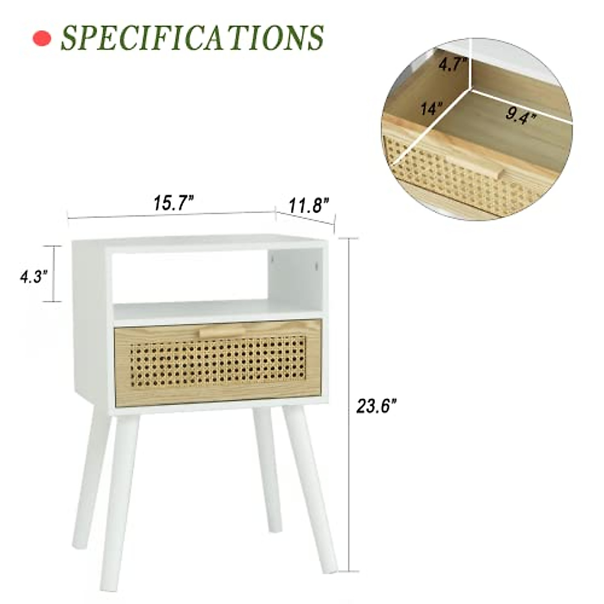 MaxSmeo White Nightstand with Drawer, Mid Century Modern Nightstand, Rattan Side Table, End Table with Storage for Living Room, Bedroom and Small Spaces, Easy Assembly (White)