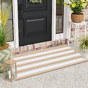 Collive Tan Outdoor Rug, 2x4.3 Striped Front Door Rug Cotton Hand-Woven Reversible Welcome Mats Outdoor Layering Rug Modern Porch Rugs for Farmhouse Entryway Entrance Decor