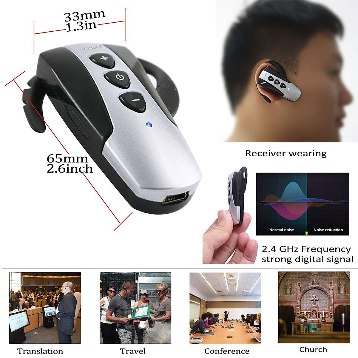 EXMAX EXD-6824 2.4GHz Wireless Audio Tour Guide Headset Systems up to 1-150M Transmission Range for Conference Church Travel Training hajj - 4 Transmitters & 60 Receivers with 64-Slot Charging Case