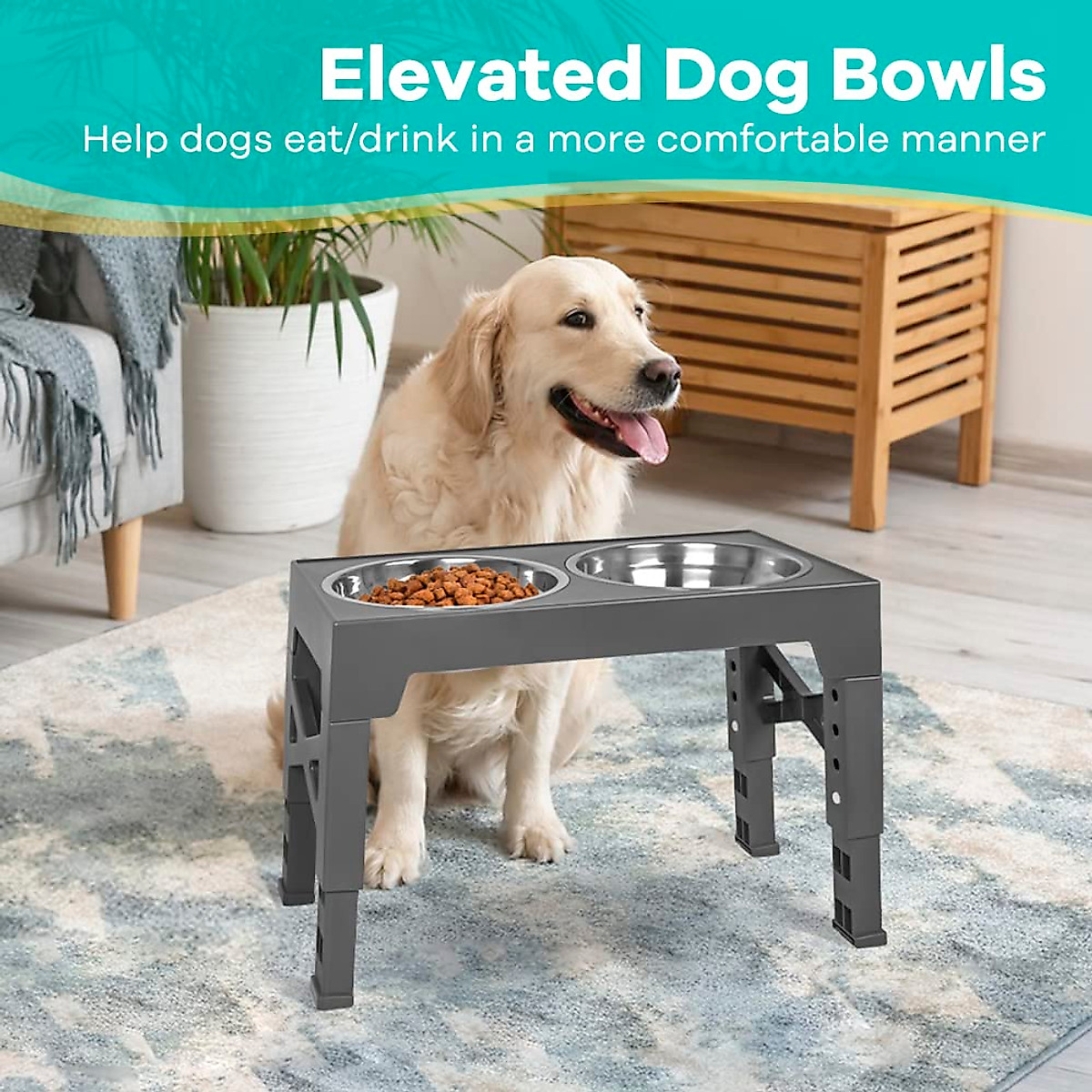 GUOOUG Elevated Dog Bowls with 2 Stainless Steel Bowls Raised Dog Bowl Adjusts to 5 Heights 3.1", 9", 10", 11", 12" Dog Bowl Stand for Large Medium Small Dogs Pets