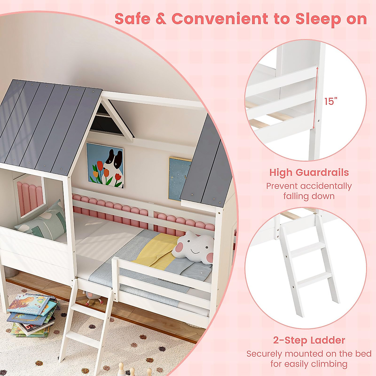 Giantex Twin House Bed Frame, Kids Low Loft Bed Frame with Roof, Side Windows & Ladder, Wooden Slatted Support Playhouse Bed for Girls, Boys, Teens, No Box Spring Needed, White