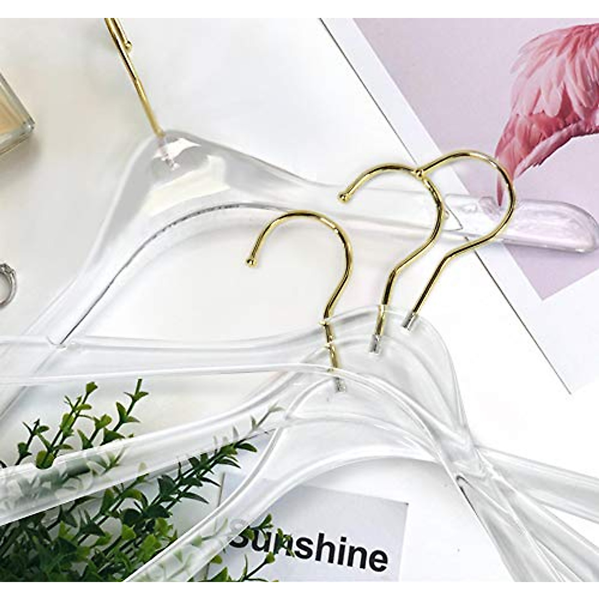 Nisorpa 10 Pack Acrylic Clear Hangers, Acrylic Crystal Clothes Hangers Clothing Standard Hangers with Gold Swivel Hook & Non-Slip Notches for Suit Coat Sweater Jacket Blouse Dress Skirts Shirts