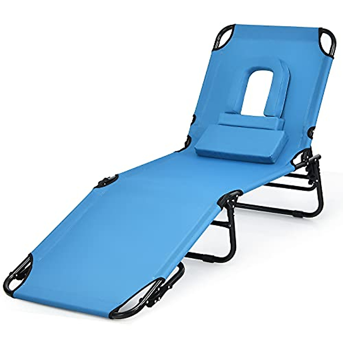 Goplus Folding Chaise Lounge Beach Chair, Face Down Tanning Chair with Face Hole Detachable Pillow, Great for Outside Pool Patio Backyard, 5-Position Adjustable (1, Blue)