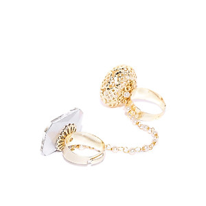 Priyaasi White & Gold Ring for Women in Dual Finger Design | Stone Studded | Pearl Bead Chain | Plating of Gold | Brass Metal | Big Size | Adjustable Ring for Girls - for Wedding & Party