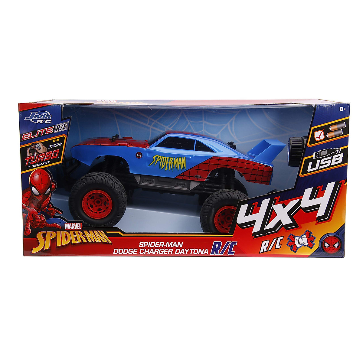 Jada Toys Marvel Spider-Man Dodge Charger Daytona 4x4 Elite R/C with Turbo Boost USB Charging and Batteries Included (30761), Blue, Red