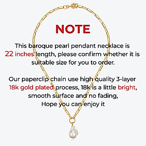 Baroque Pearls Pendant Necklaces Freshwater Cultured Pearls Necklace Pendant 18K Gold Paperclip Chain Necklaces 22inch for Women Vintage Jewelry