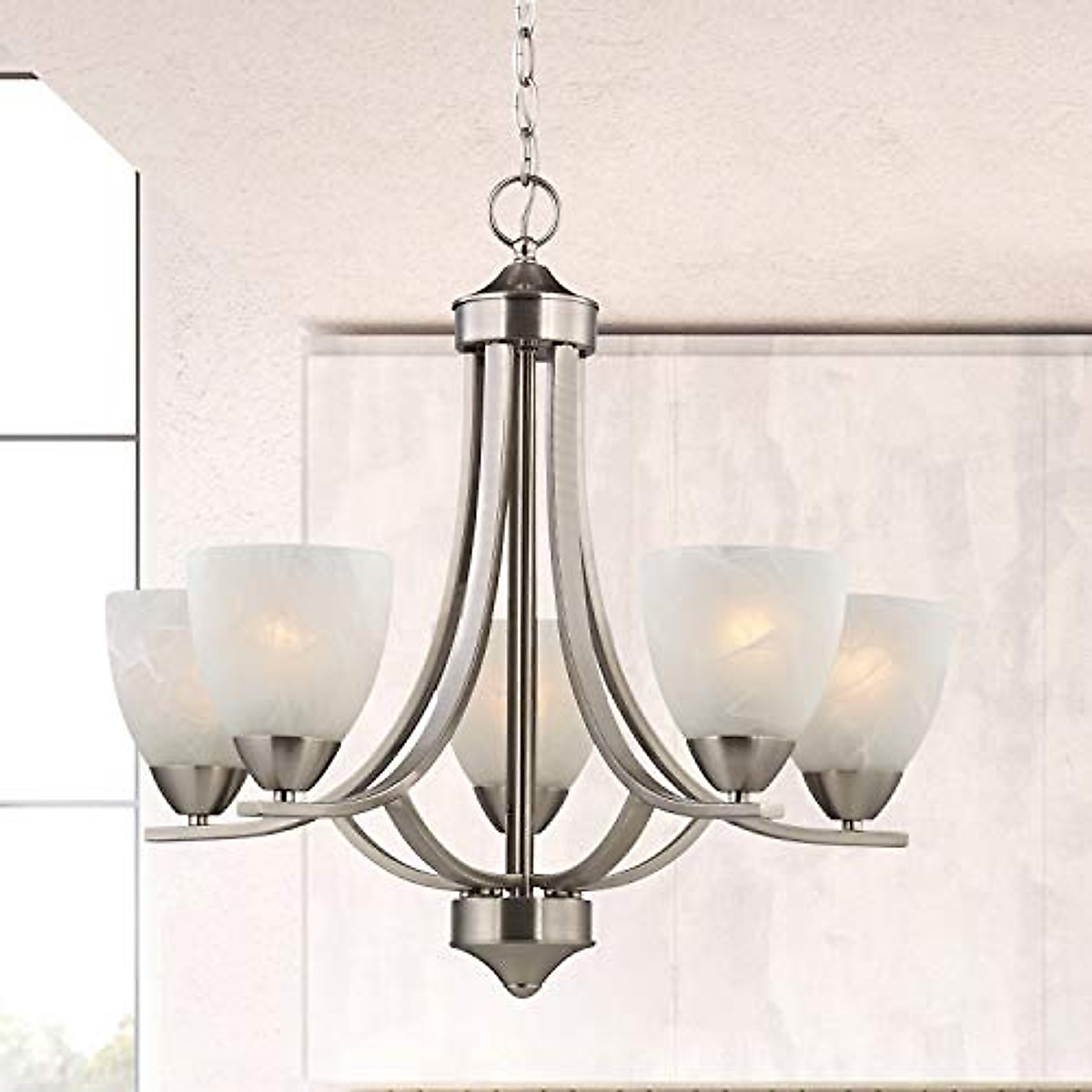 Design Classics Lighting Satin Nickel Modern Hanging Chandelier Light Fixture with Alabaster Glass Shades