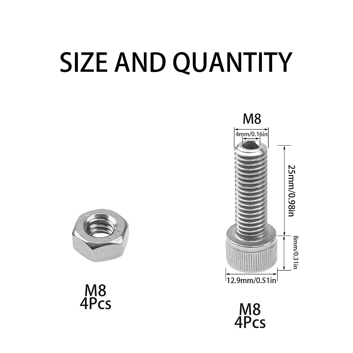 Rrina 4Pcs 304 Stainless Steel Cylindrical Hollow Hexagon Socket Screw Lamp Threading Through Hole Bolt with Nut (M8x25)