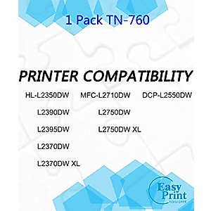 (1-Pack) Compatible TN760 TN-760 Toner Cartridge TN-760 Used for Brother HL-L2350DW HL-L2395DW DCP-L2550DW MFC-L2750DW Printer (Black), by EasyPrint