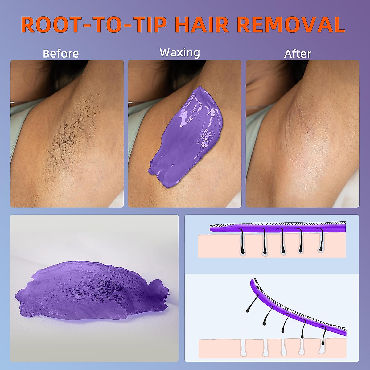 BLITZWAX Wax Beads for Hair Removal - 1lb Lavender Hard Wax Beads Coarse Hair Formula - Painless Wax for Sensitive Skin, Face, Eyebrow, Full Body, Bikini - At-Home Waxing Beads for Women Men