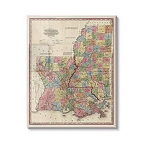 Stupell Industries State Map of Louisiana Mississippi Vintage US Cartography, Design by Daphne Polselli Canvas Wall Art, 16 x 20, Multi-Color