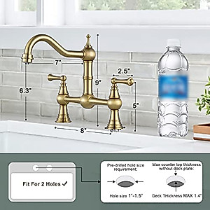 WOWOW Gold Bridge Kitchen Faucet 2 Hole Antique Brass Bridge Faucet 2 Handle 8 Inch Centerset Farmhouse Kitchen Sink Faucet 360° Swivel Vintage Tap