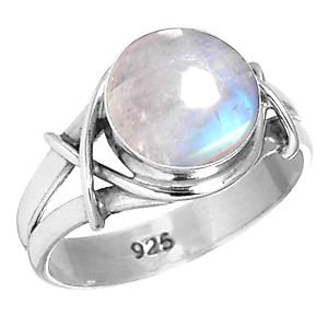 JEWELOPORIUM 925 Silver Ring for Women Size 8 White Real Rainbow Moonstone Stone Solitaire Silver Ring Christmas - Gift Costume Jewelry