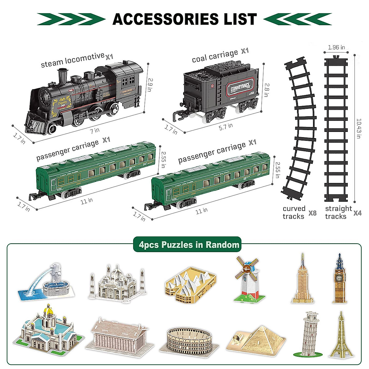 Electric Train Sets for Boys Girls Metal Alloy Christmas Trains Toys Steam Locomotive, Passenger Carriages, Tracks, Light & Sounds Rechargeable Birthday Gifts for Kids 3 4 5 6 7 8 + Years Old Green