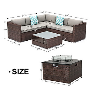 COSIEST 5-Piece Propane Fire Pit Outdoor Furniture Brown Sofa Set, Patio Sectional w 32-inch Square Wicker Fire Table (40,000 BTU), Fits 20lb Tank Outside w Glass Wind Guard for Garden, Backyard