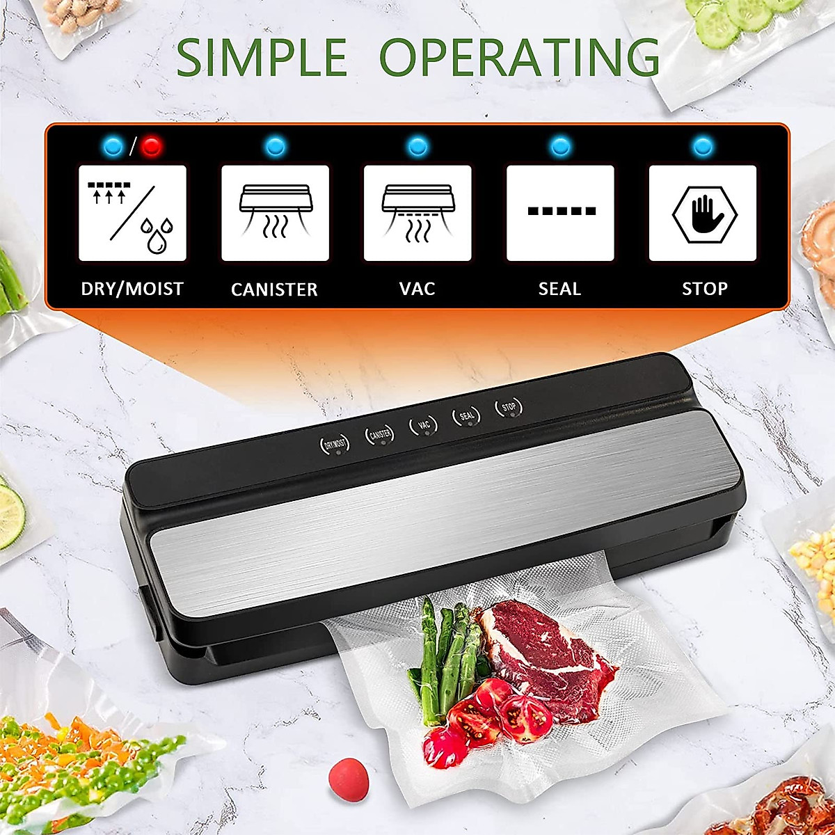 Vacuum Sealer Machine, Automatic Vacuum Sealer Machine with 5-in-1 Easy Options, Vacuum Sealer for Food with 10pcs Vacuum Seal Bags