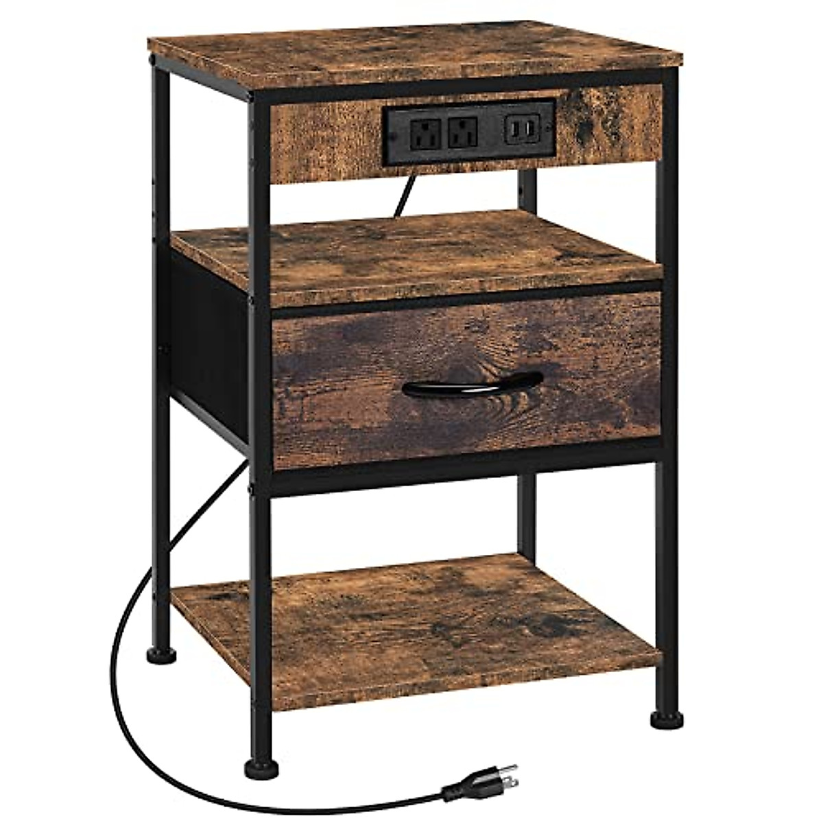 NOVIMANGO Nightstand with Charging Station Bedside Tables with Drawer Bedroom End Table Small Side Tables with USB & AC Ports Industrial End Table with Storage for Living Room Dorm Farmhouse Brown