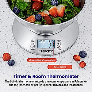Etekcity Food Kitchen Scale with Bowl, Digital Weight Scale for Food Ounces and Grams, Cooking and Baking, Timer, and Temperature Sensor, 2.06 QT, Stainless Steel