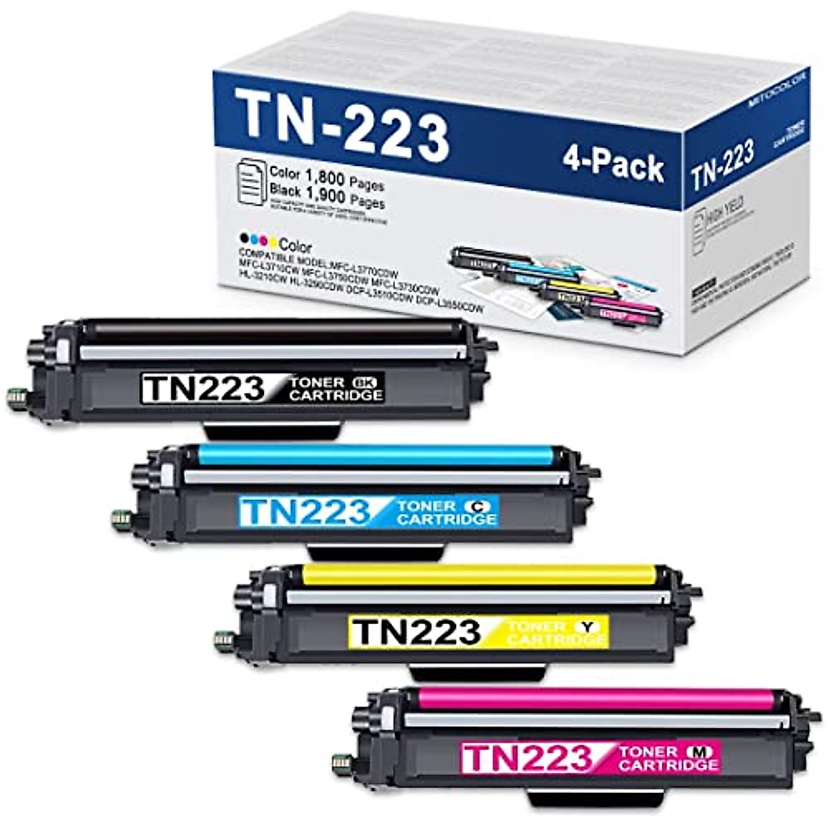 MITOCOLOR TN223 TN-223 Toner Cartridge High Yield Compatible TN223BK TN223C TN223M TN223Y Toner Replacement for Brother MFC-L3770CDW L3750CDW HL-3210CW 3270CDW DCP-L3510CDW Printer (1BK+1C+1M+1Y)