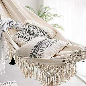 Handmade Cotton Woven Balcony Hammock Hanging Rope Chair Porch Swing with Crochet Fringe for Backyard Patio Garden Outdoor and Indoor Boho Style Natural White