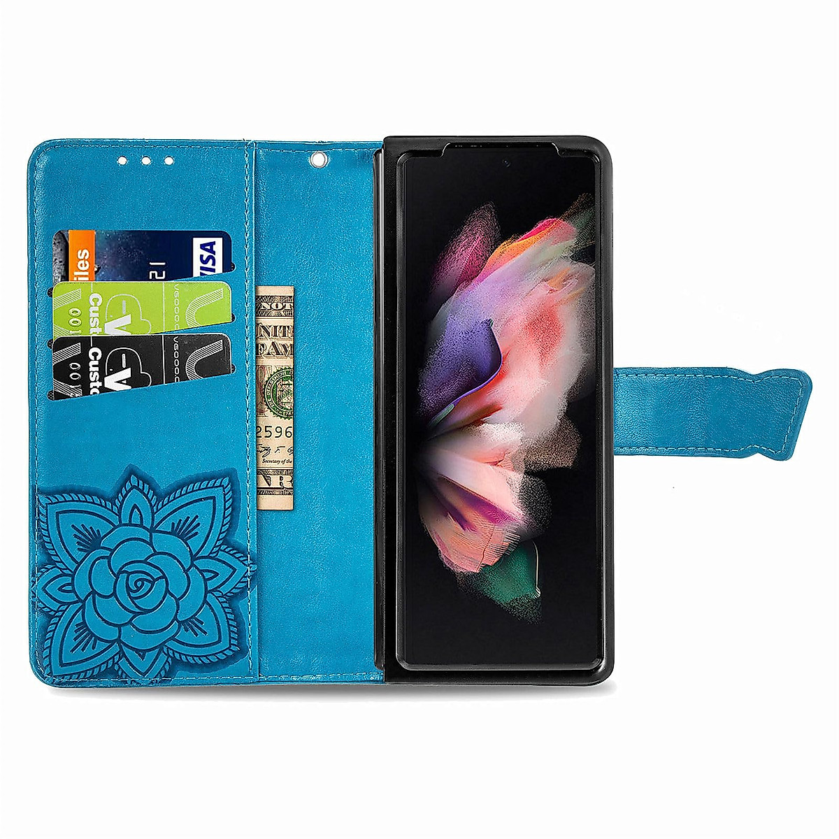 COTDINFOR Case for Samsung Galaxy Z Fold 5 Case Glitter Bling with Card Holder and Stand Leather Flip Wallet Diamond Butterfly Protective Case for Samsung Galaxy Z Fold 5 Crystal Blue